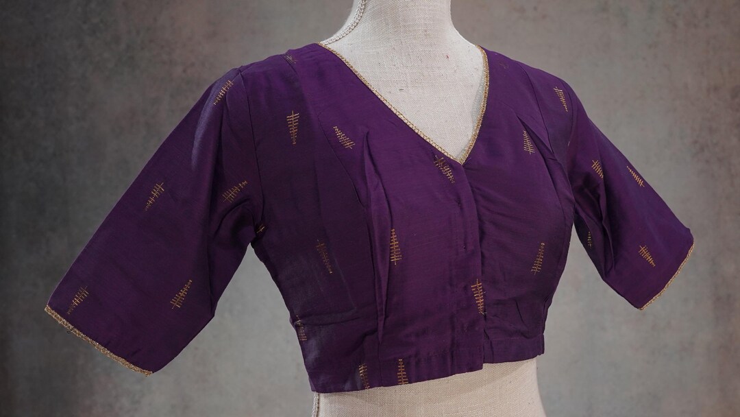 Dark Purple Cotton Silk Saree Blouse Readymade Front Open V - Neck ...
