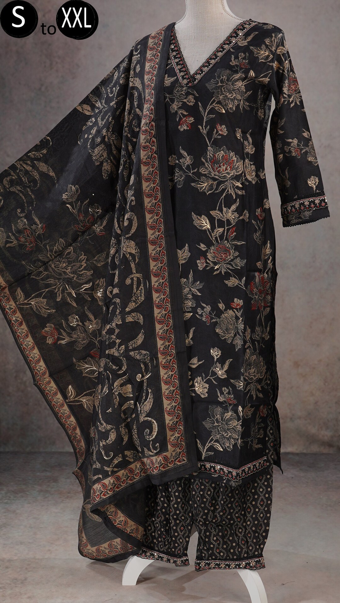 Black Modal Muslin Hand Embroidery V Neck Kurti Palazzo Dupatta Set ...
