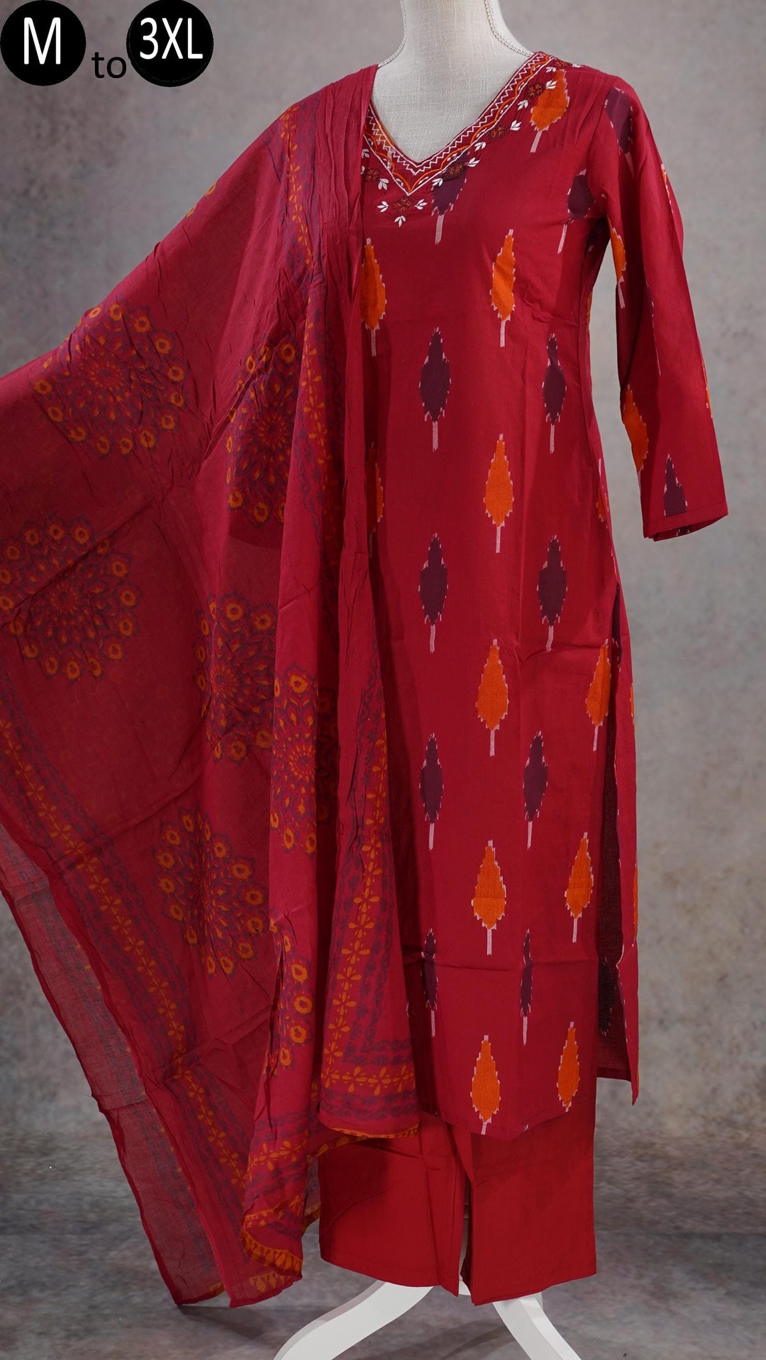 Cotton Red Ikkat Print V-neck Kurta Pants Dupatta Summer Set | Indian ...