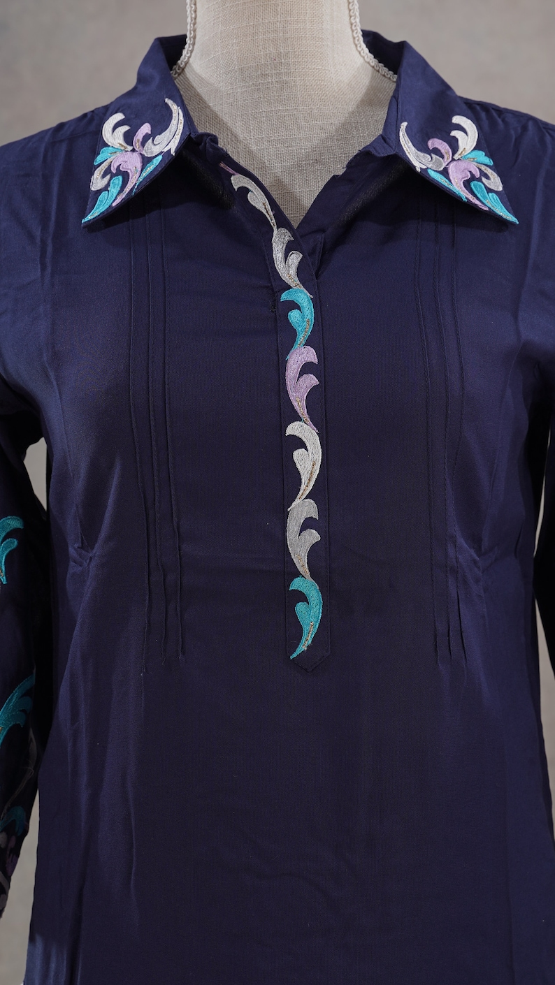 Dark Blue Premium Rayon Collared Coords Embroidered Kurta Palazzo Set ...