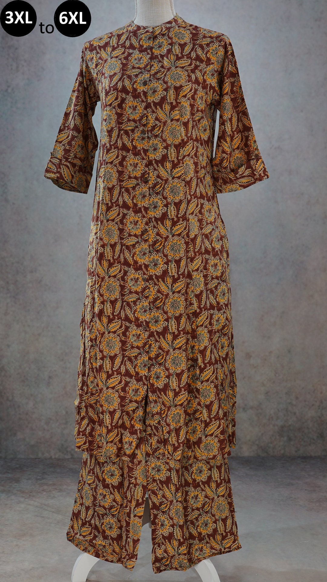 Plus Size Brown Maroon Premium Rayon Pocket Kalamkari Print Kurta ...