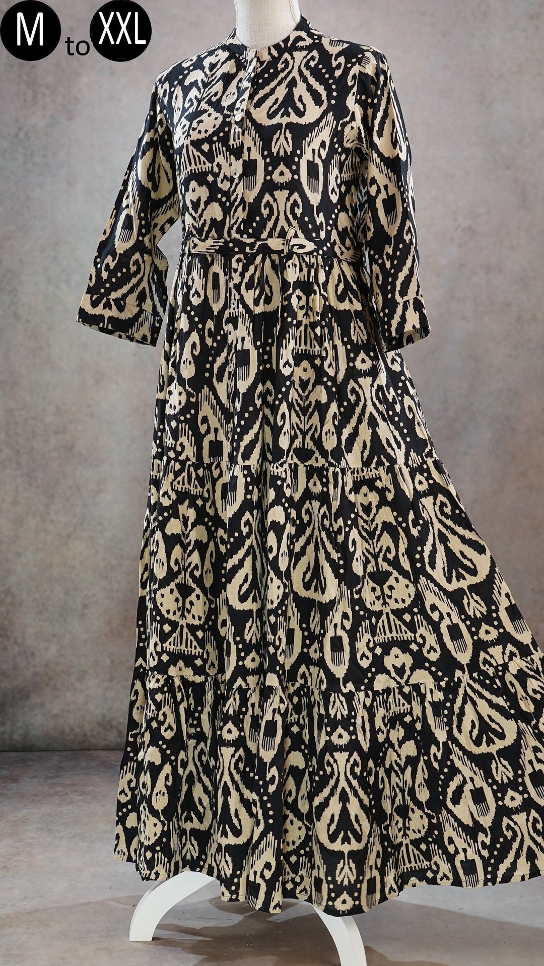 Black Ikkat Print Russian Silk Flary Floral Ethnic Long Dress, Indian ...