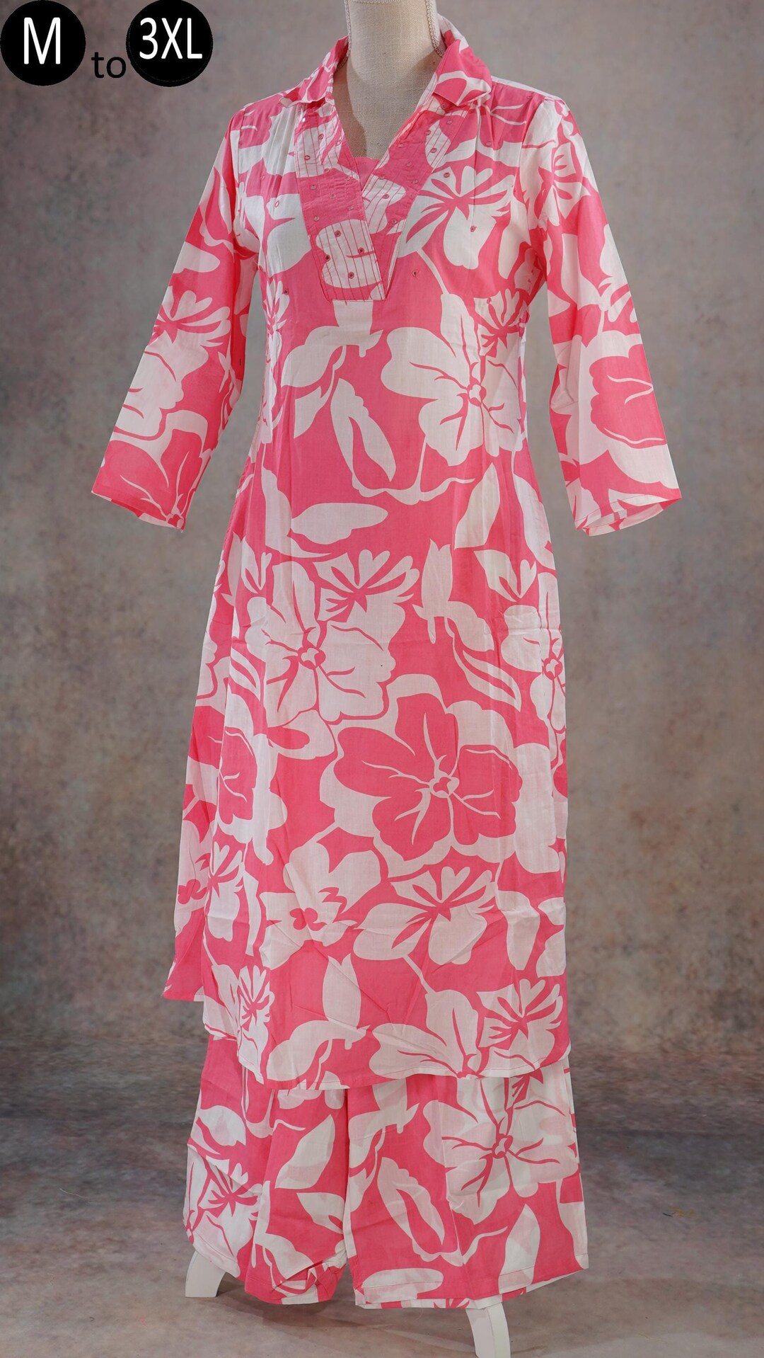 Pure Cotton A-line Pink White Ethnic Print Coords Asymmetric Collared ...