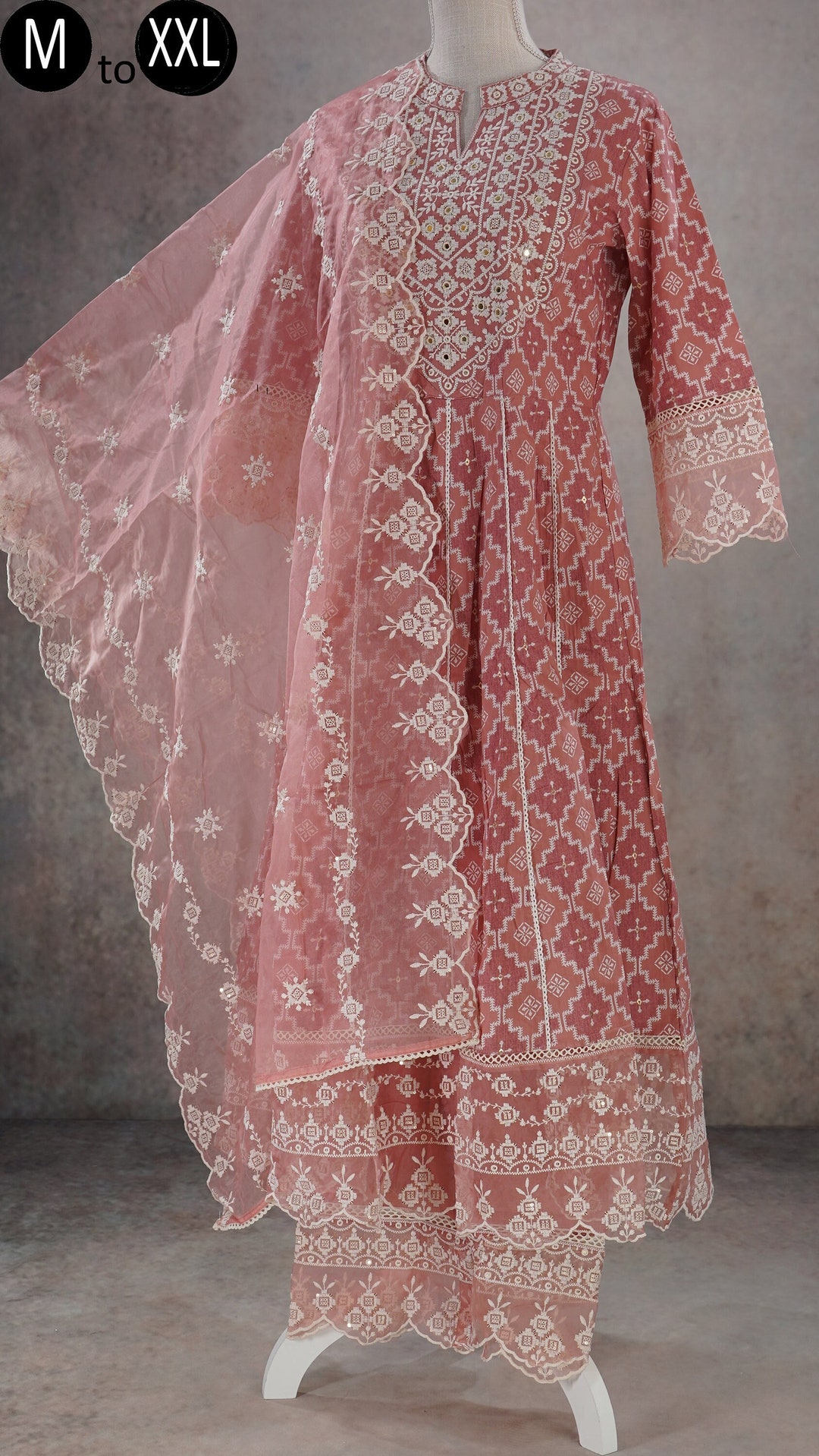 Mauve Pink Chikankari Pure Cotton Anarkali Jaipuri Print Kurta Palazzo ...