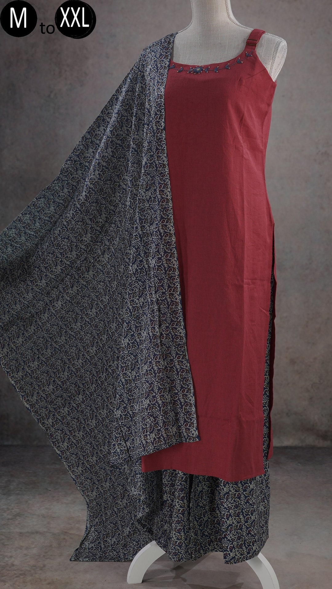 Pure Cotton Sleeveless Rust Red Kurta Printed Palazzo Dupatta Set ...