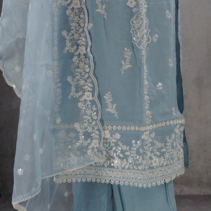 Pure Organza Powder Blue Chikankari Kurti Palazzo Dupatta Set Indian ...