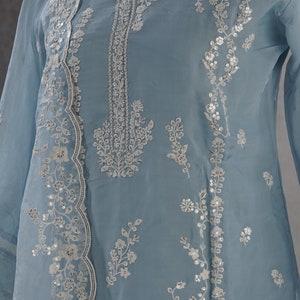 Pure Organza Powder Blue Chikankari Kurti Palazzo Dupatta Set Indian ...