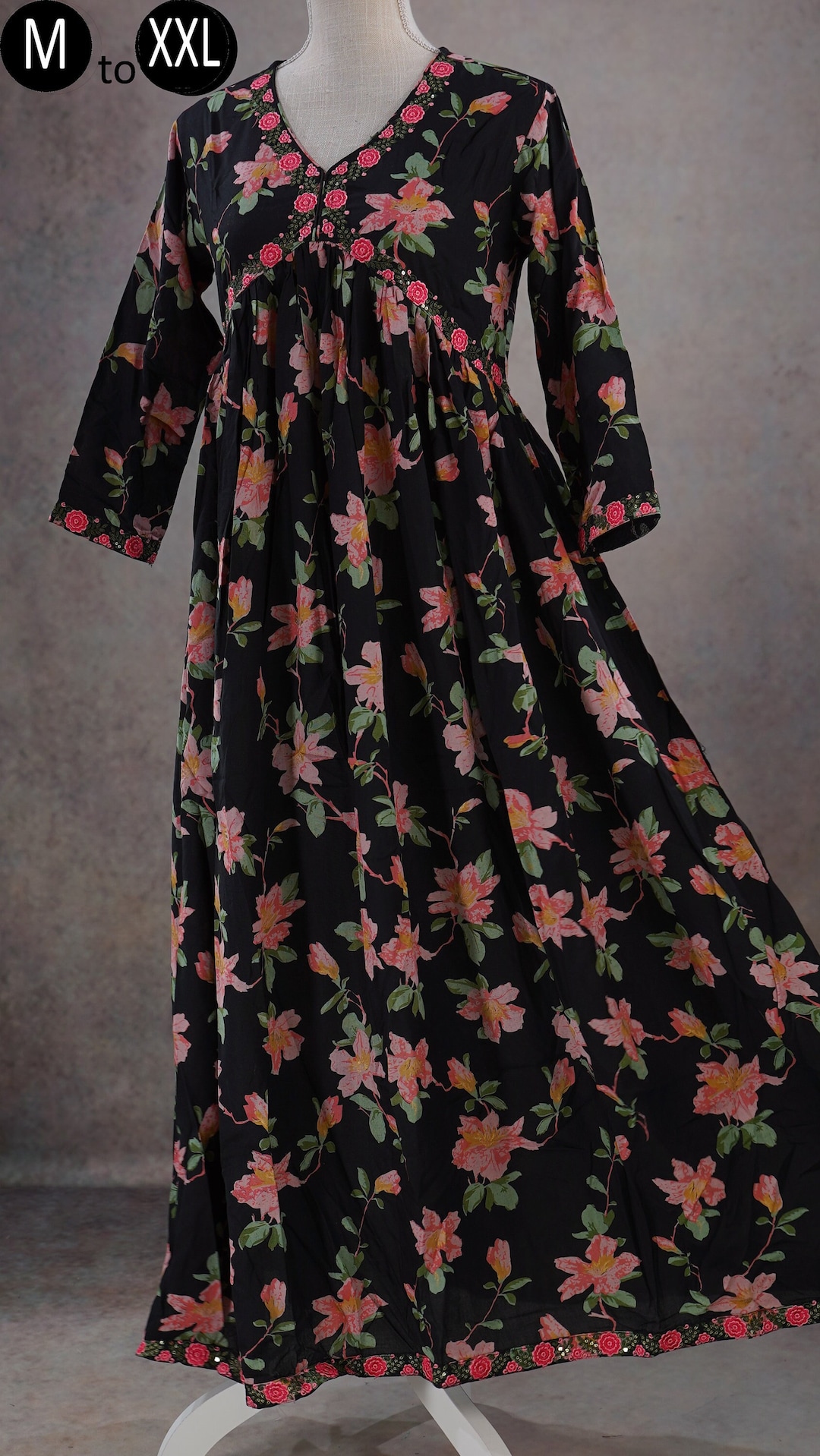 Alia Dress Dark Black Flary Floral Print Ethnic Long Dress, Indian ...
