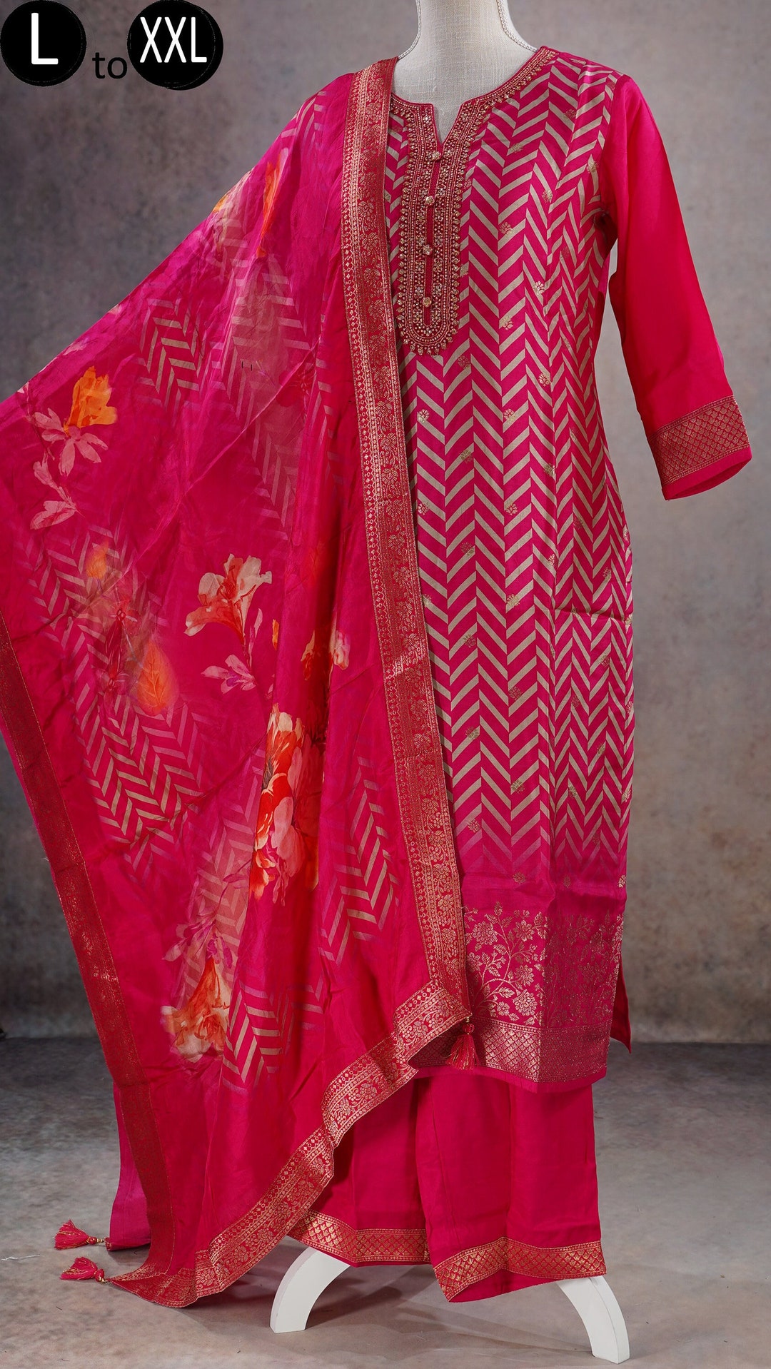 Chevron Print Bright Rani Pink Russian Silk Jacquard Embroidered Kurti ...