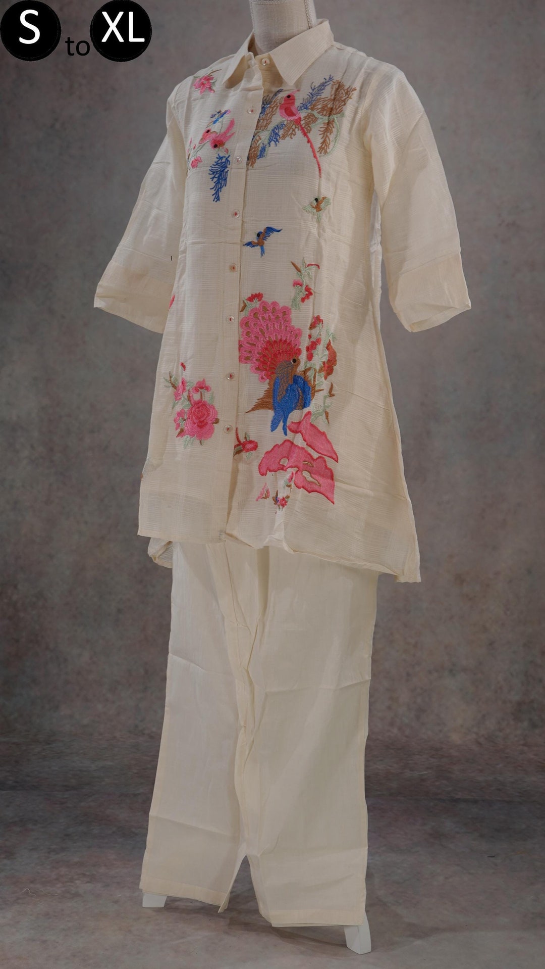 Cotton Jacquard Weaving A-line Collared Short Coords Kurta Palazzo ...