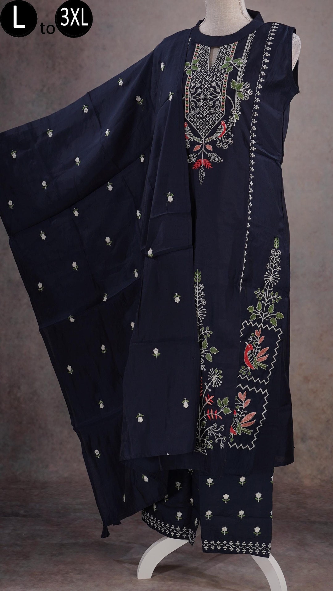 Sleeveless Roman Silk Midnight Blue Embroidered Kurti Palazzo Dupatta ...