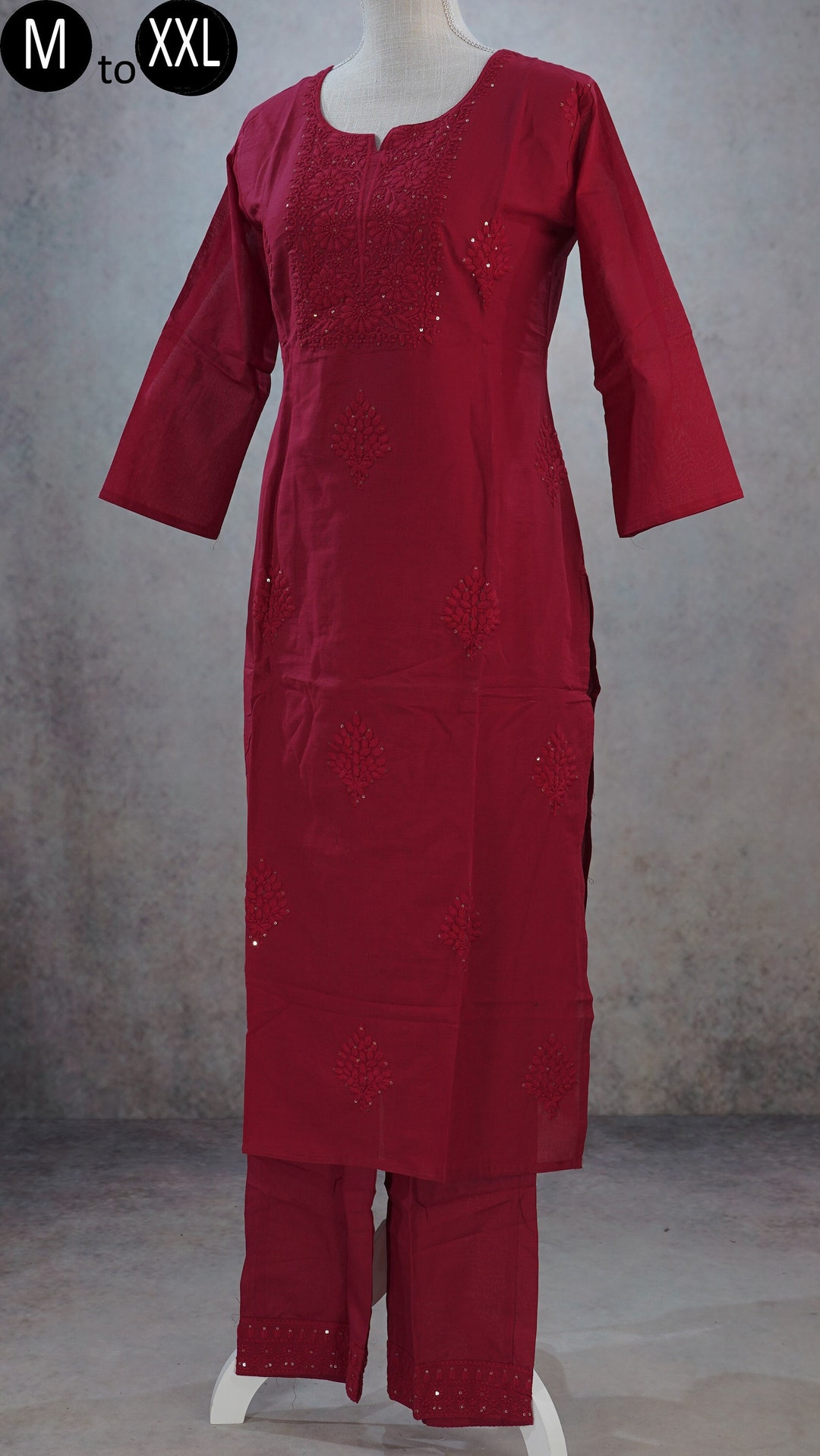 Pure Mul Cotton Red Maroon Chikankari Embroidery Kurta Palazzo Casual ...