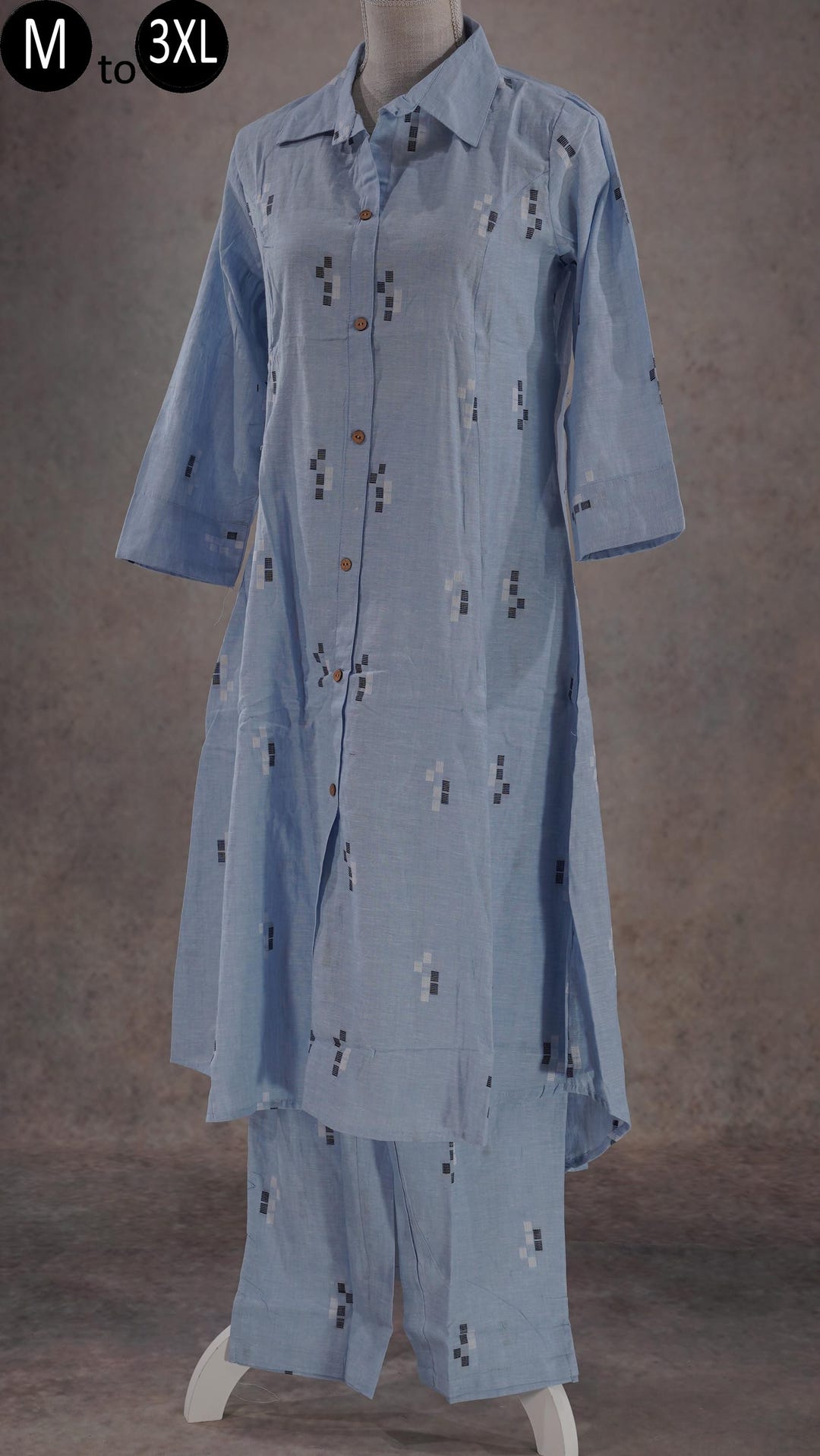 Pure Cotton A-line Light Blue Dyed Coords Asymmetric Collared Kurta ...