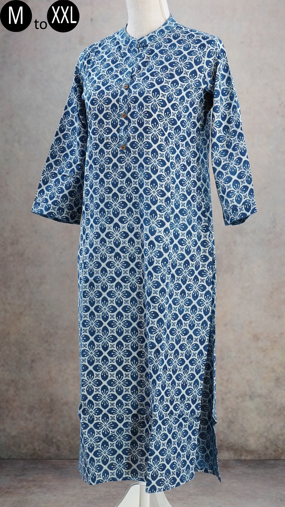 Hand Block Print Blue Pure Cotton Kurta Pocket Summer Wear Ethnic ...
