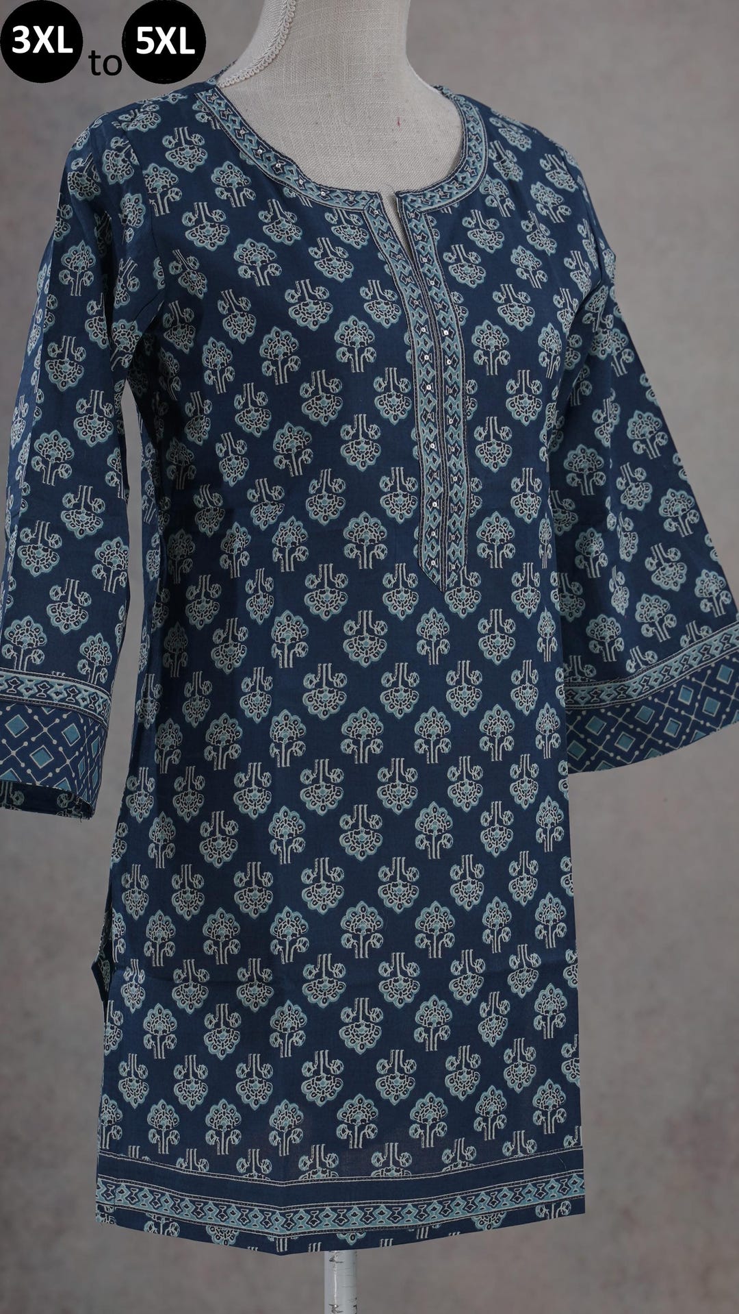 Plus Size Tunic Dark Blue Ethnic Print Pure Cotton Short Tunic Kurta ...