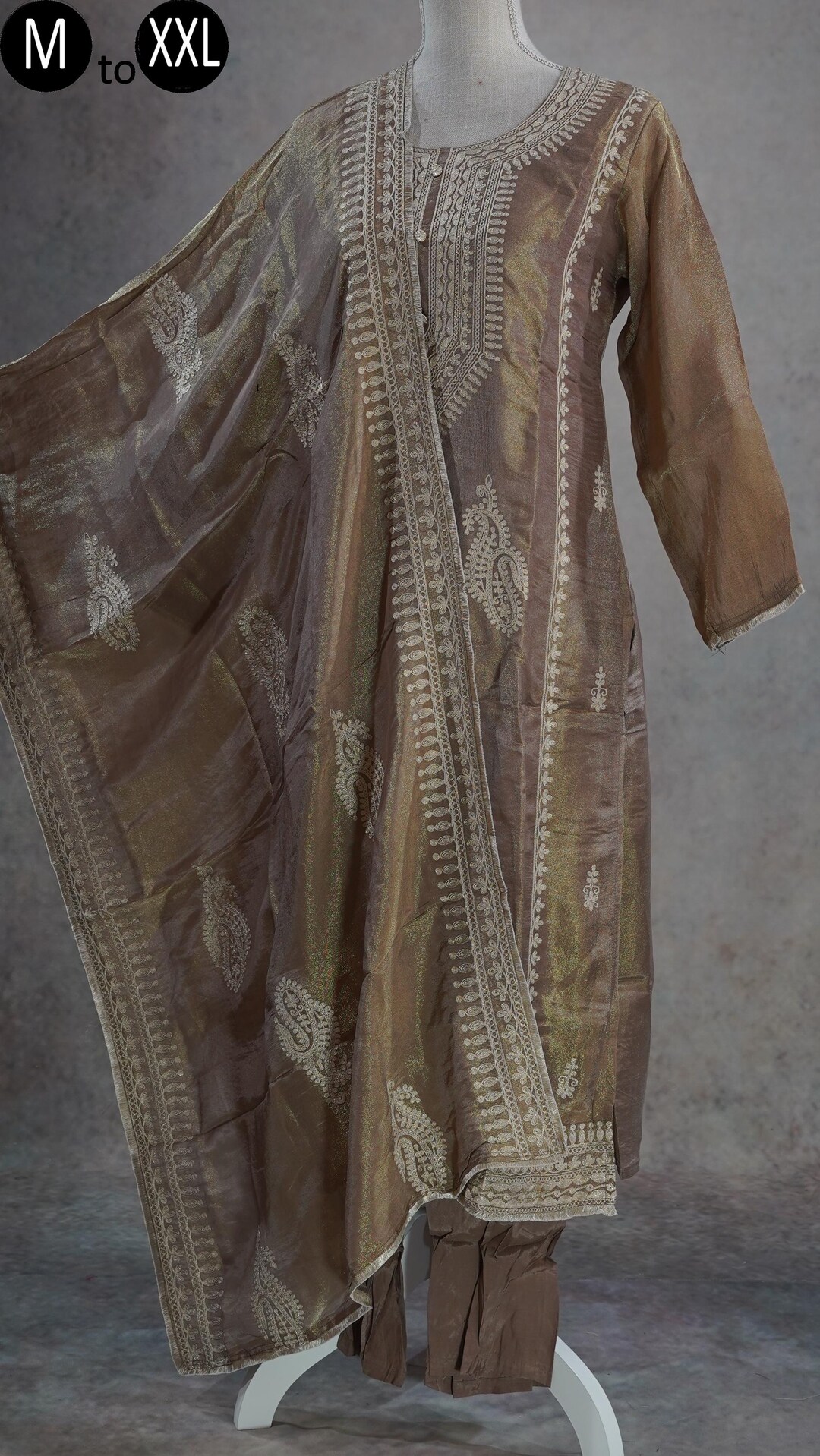 Shimmer Tissue Taupe Brown Gold Embroidered Kurti Palazzo Dupatta ...