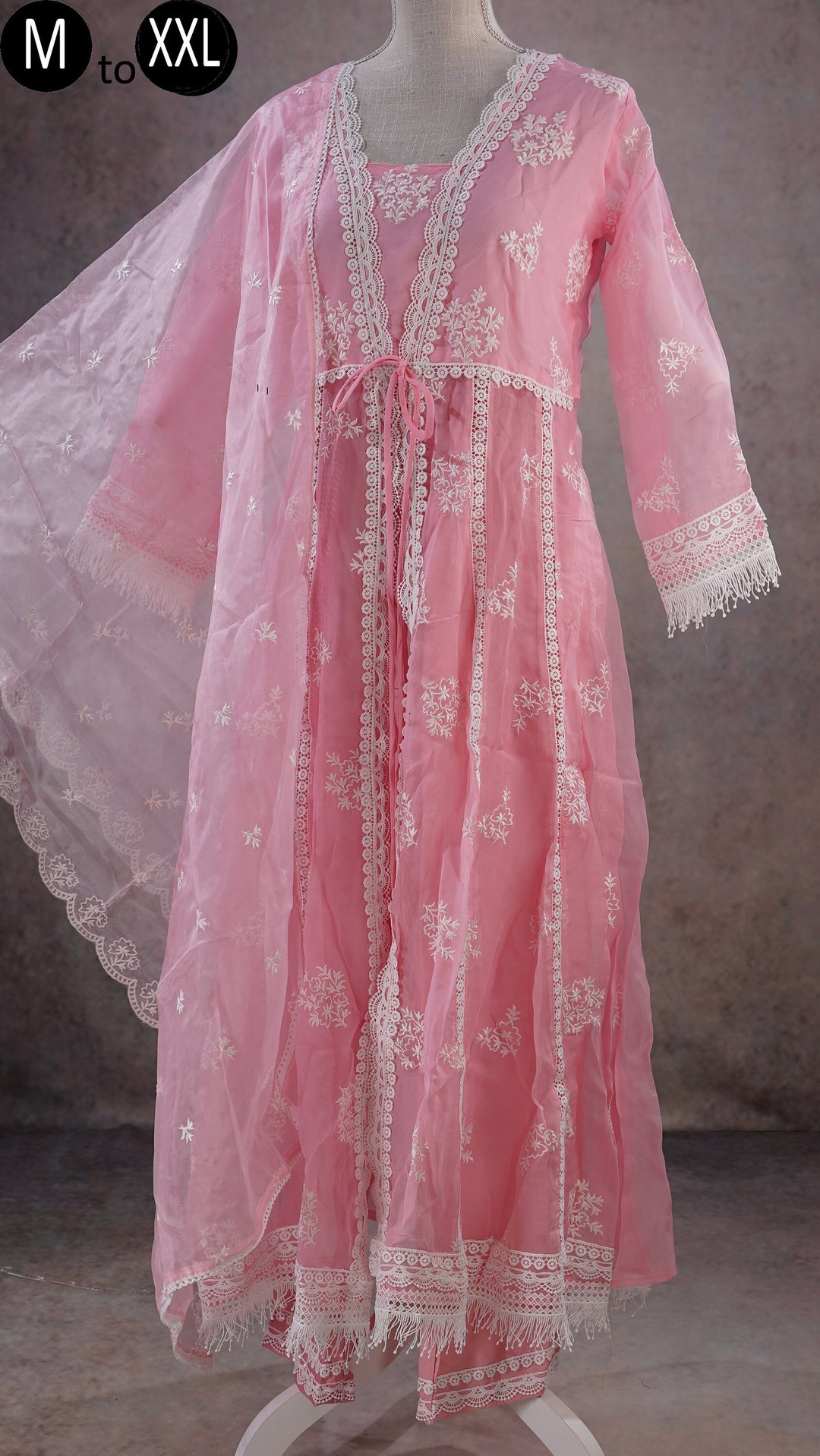 Designer Organza Baby Pink Chikankari Kurti Palazzo Dupatta Set Indian ...