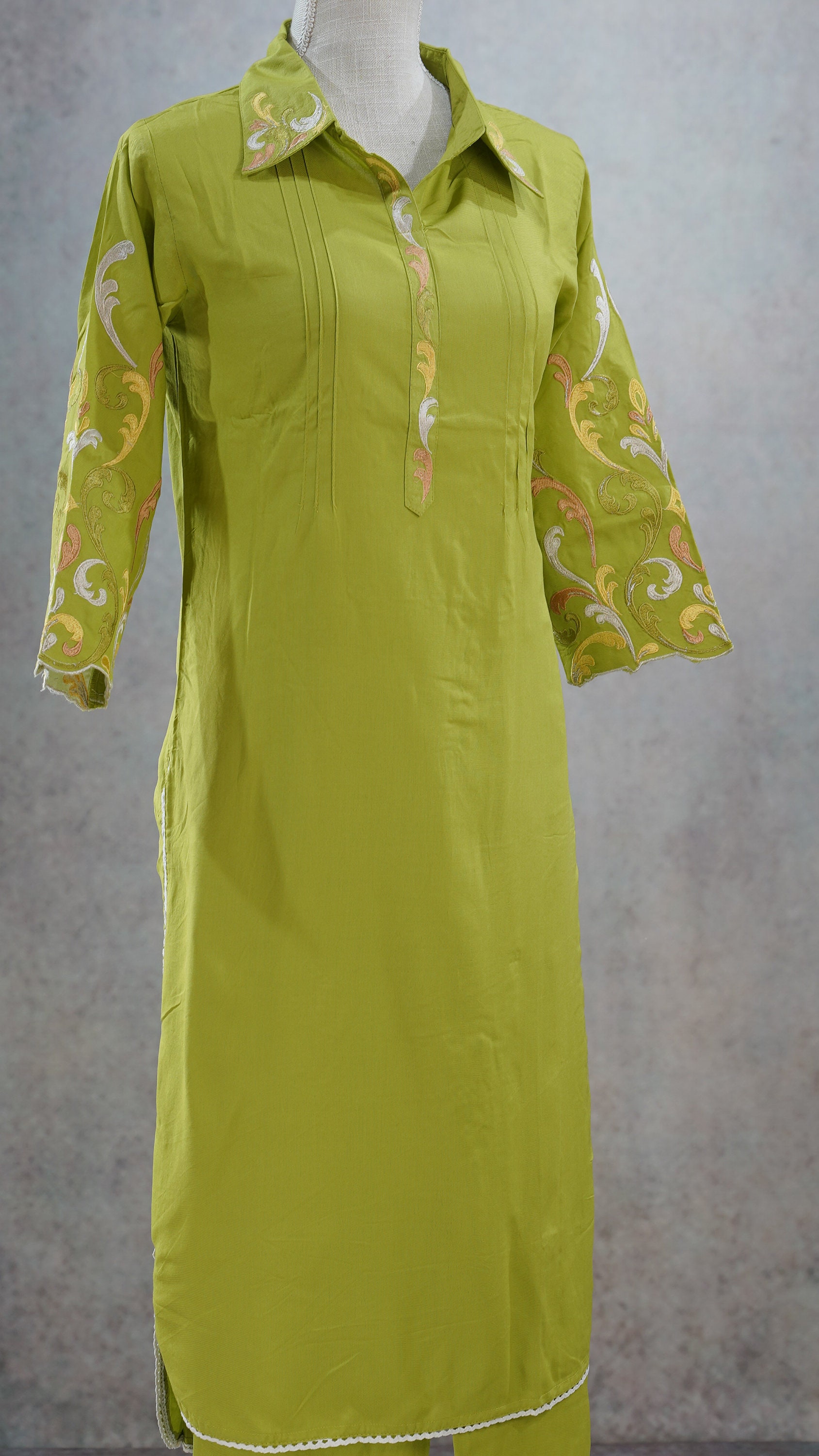 Parrot Green Premium Rayon Collared Coords Embroidered Kurta Palazzo ...