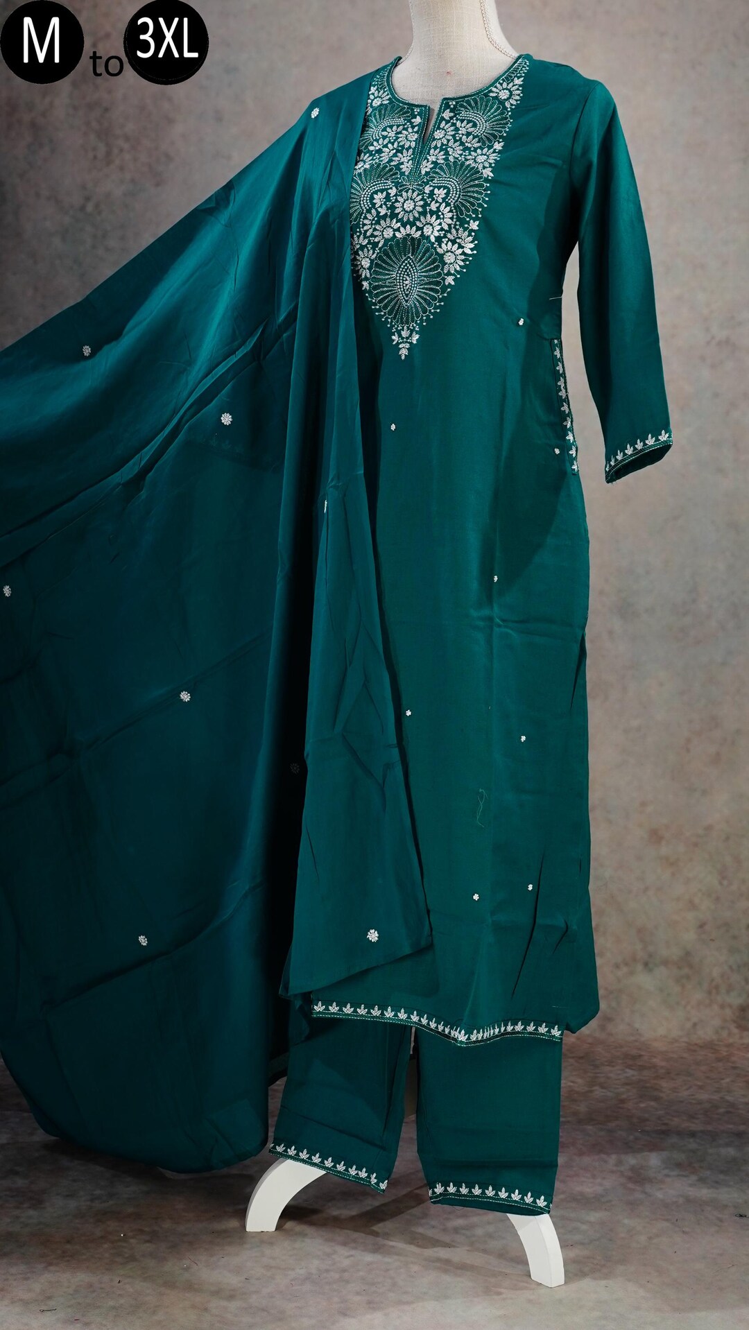Cotton Flex Teal Green Embroidered Kurta Palazzo Dupatta Summer Set for ...