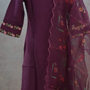 Dark Purple Roman Silk Embroidered Kurti Palazzo Organza Dupatta Set Indian Ethnic Women Festive ...