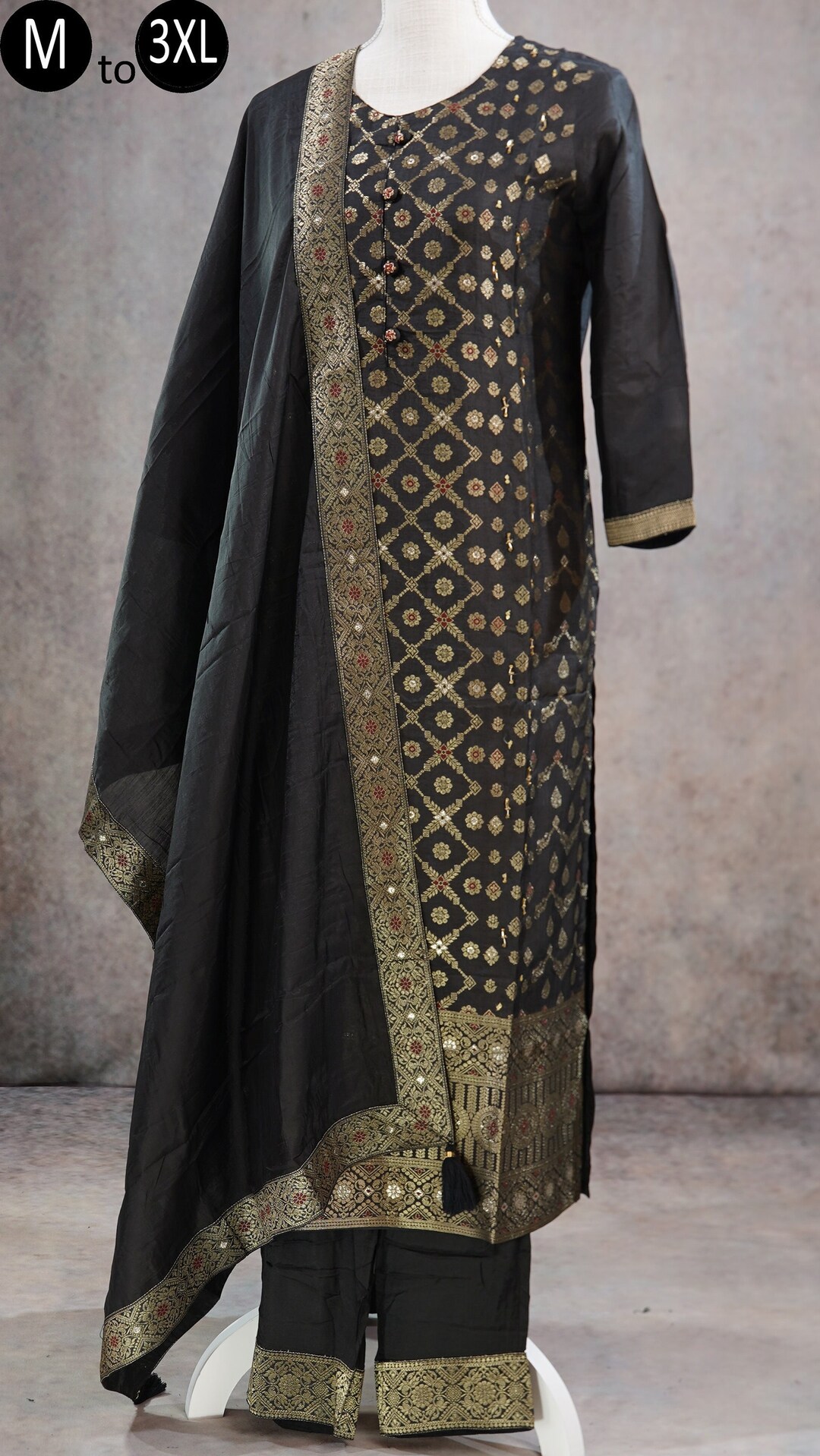 Black Uppada Silk Gold Weaving Embroidery Kurti Palazzo Dupatta Set ...