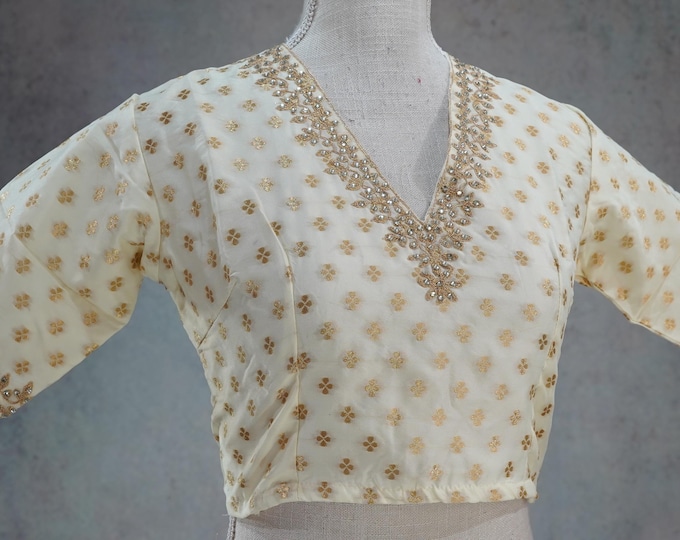 Off-white Benaras Brocade Ready-made Blouse, Back Open V Neck Blouse No ...