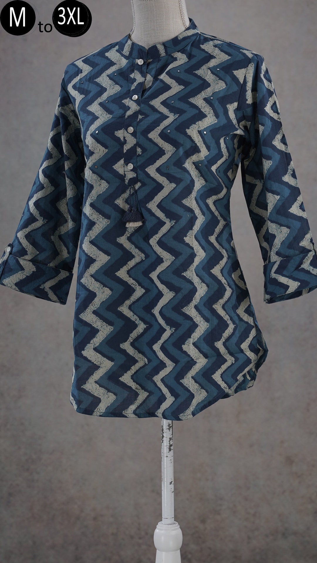 Tunic Dark Blue Indigo Ethnic Print Pure Cotton Short Kurta, Indian ...