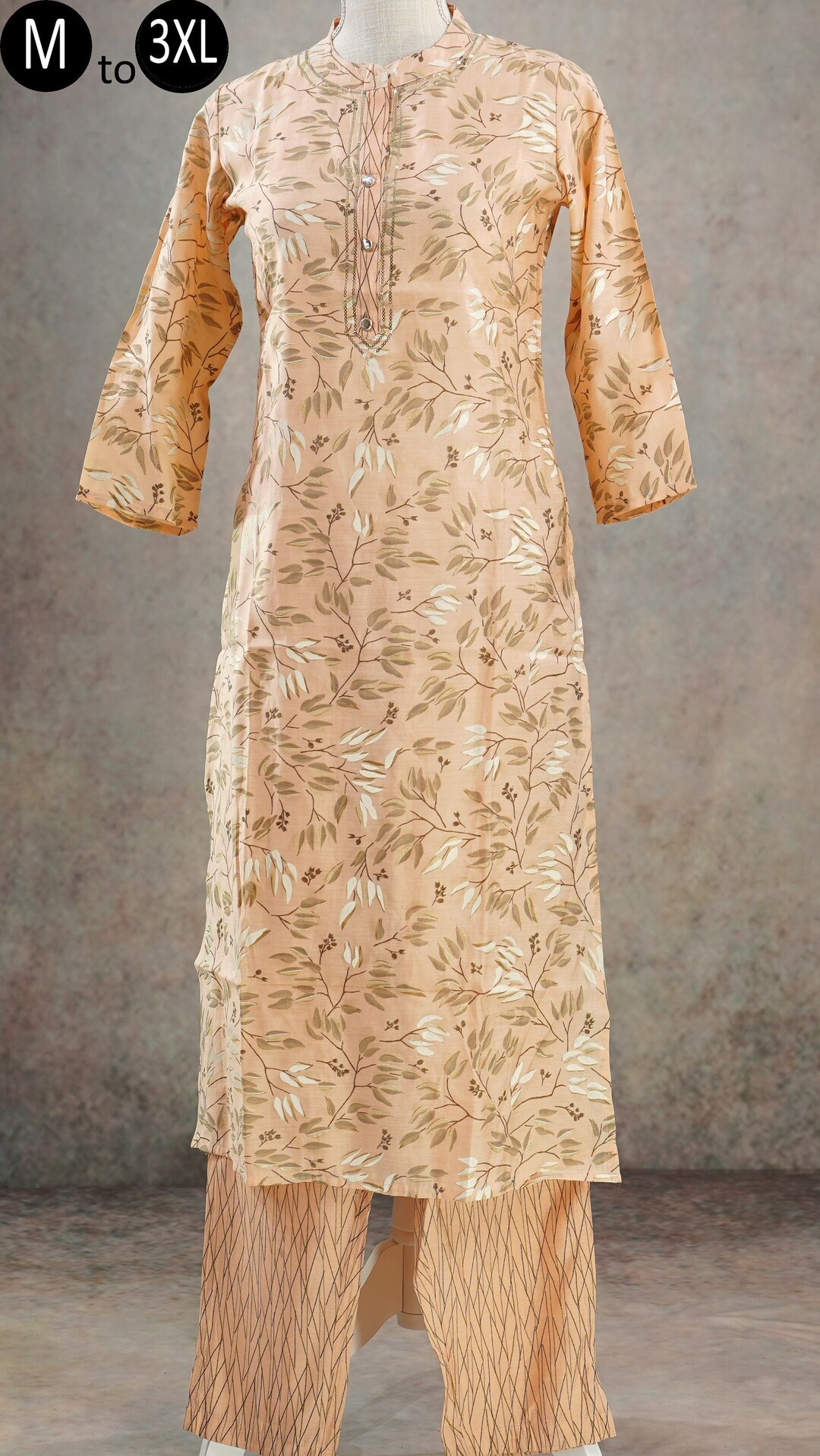 Pastel Peach Pink Gold Print Muslin Silk Kurta Palazzo Set | Indian ...