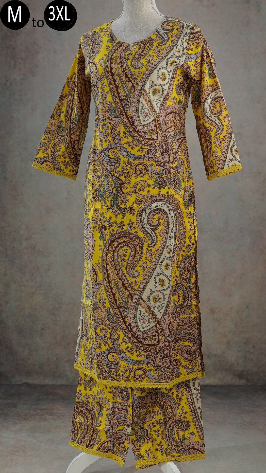 Designer Coords Yellow Pure Cotton Paisley Print Kurta Palazzo Indian ...