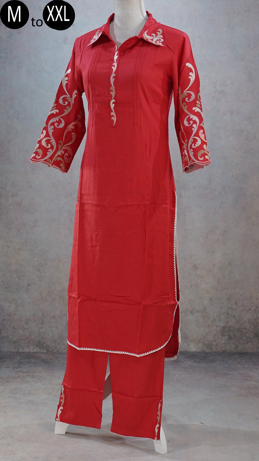 Orange Red Premium Rayon Collared Coords Embroidered Kurta Palazzo Set ...