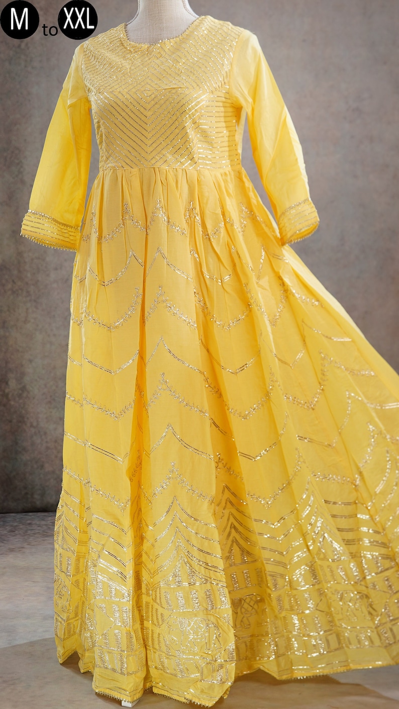 Yellow Pure Cotton Festive Flary Ethnic Dress, Floral Embroidery Dress ...