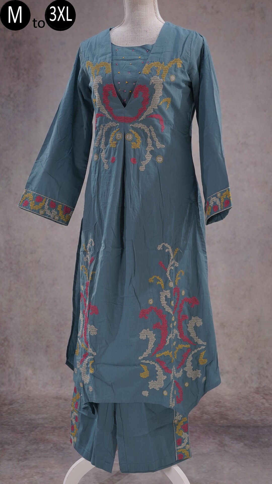 Powder Blue Cotton Coords Embroidered Kurta Palazzo Set Indian Ethnic ...