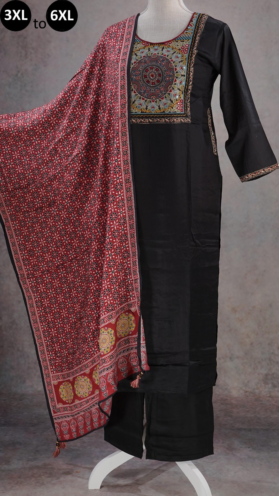 Plus Size Black Gajji Silk Gamthi Embroidered Kurti Palazzo Dupatta Set ...