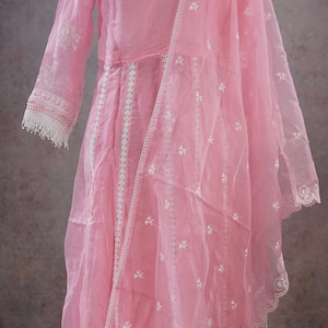 Designer Organza Baby Pink Chikankari Kurti Palazzo Dupatta Set Indian ...