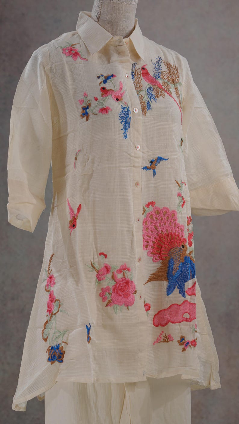 Cotton Jacquard Weaving A-line Collared Short Coords Kurta Palazzo ...