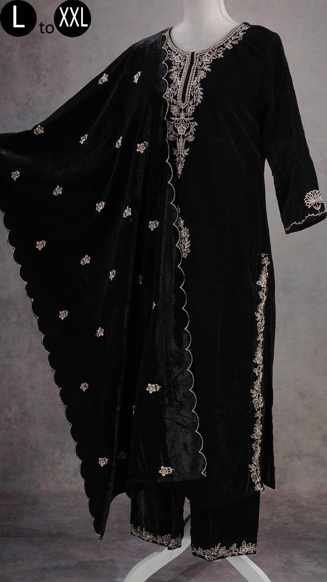 Black Velvet Winter Embroidered Kurta Palazzo Dupatta Set | Indian ...
