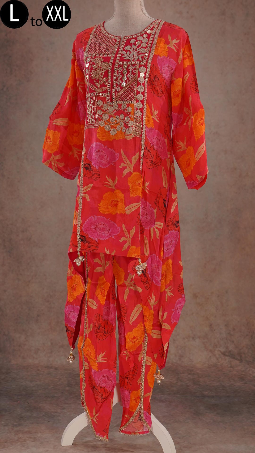 Pure Crepe Silk Hot Pink Floral Embroidered Coords Kurta Palazzo Party ...