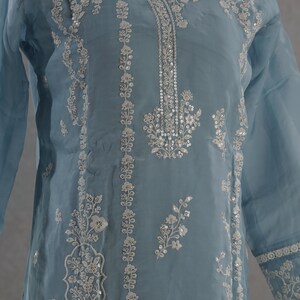 Pure Organza Powder Blue Chikankari Kurti Palazzo Dupatta Set Indian ...
