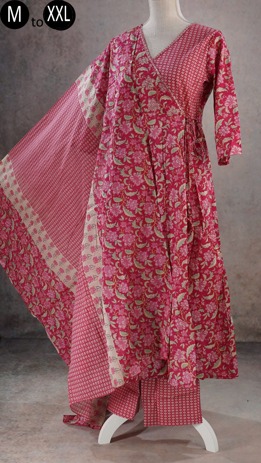 Pink Pure Cotton Angrakha Anarkali Jaipuri Print Kurta Palazzo Dupatta ...