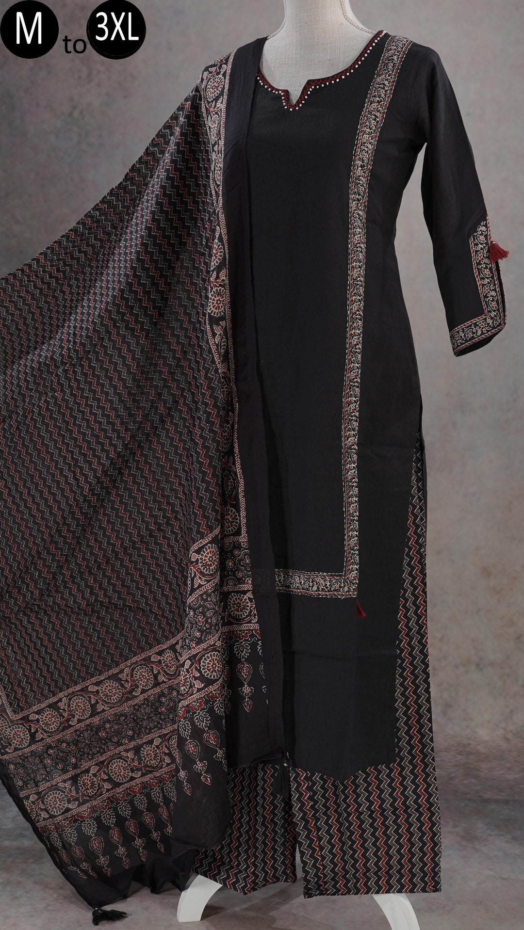 Cotton Flex Black Ajrakh Print Kantha Embroidery Kurta Palazzo Dupatta ...