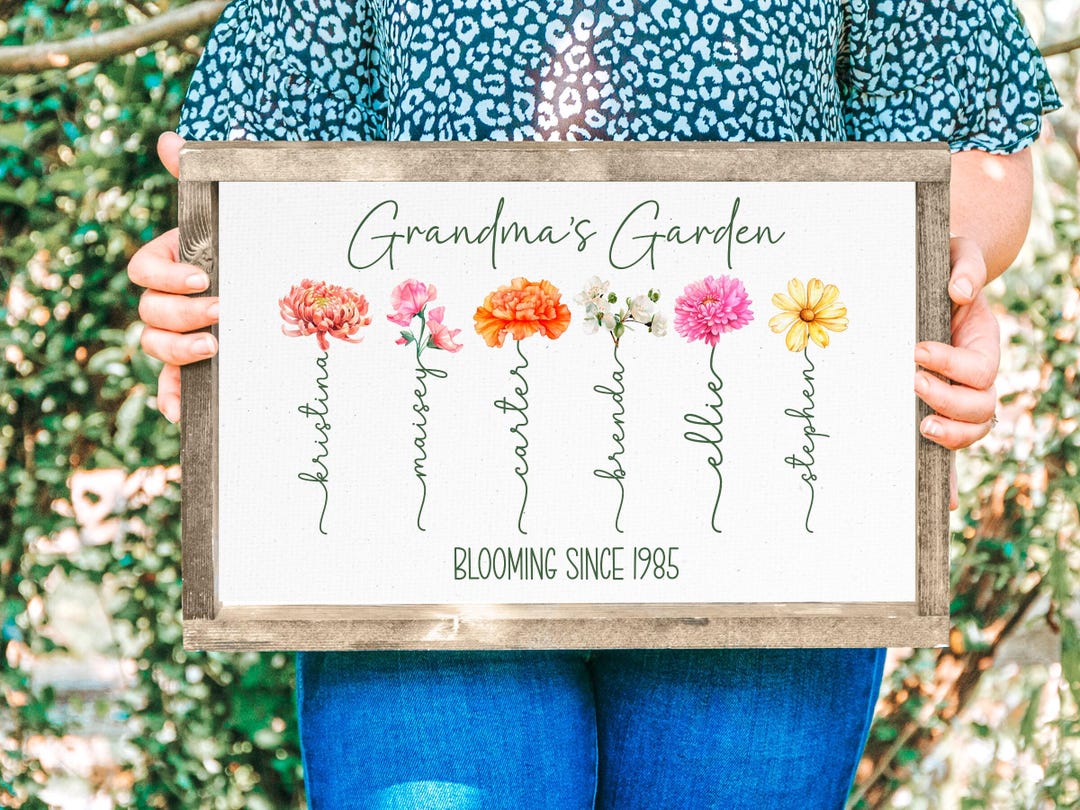 Grandmas Garden Sign, Gift for Grandma Birthday, Birth Flower Sign ...