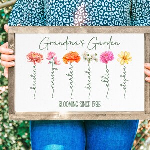 Grandmas Garden Sign, Gift for Grandma Birthday, Birth Flower Sign ...