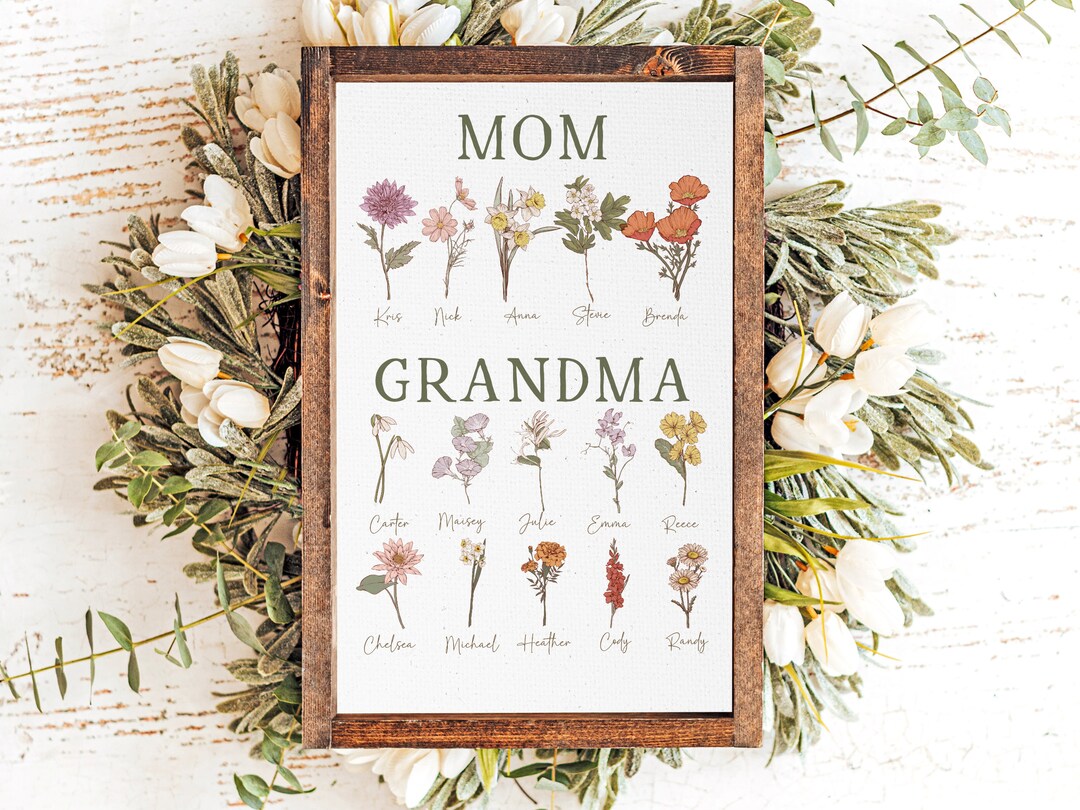 First Mom Now Grandma Sign, Birthday Gifts for Grandma, Birth Flower ...