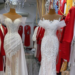 Extravagant White Sparkly Drop Sleeves Beaded Crystals Sequin Mermaid ...