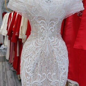 Extravagant White Sparkly Drop Sleeves Beaded Crystals Sequin Mermaid ...