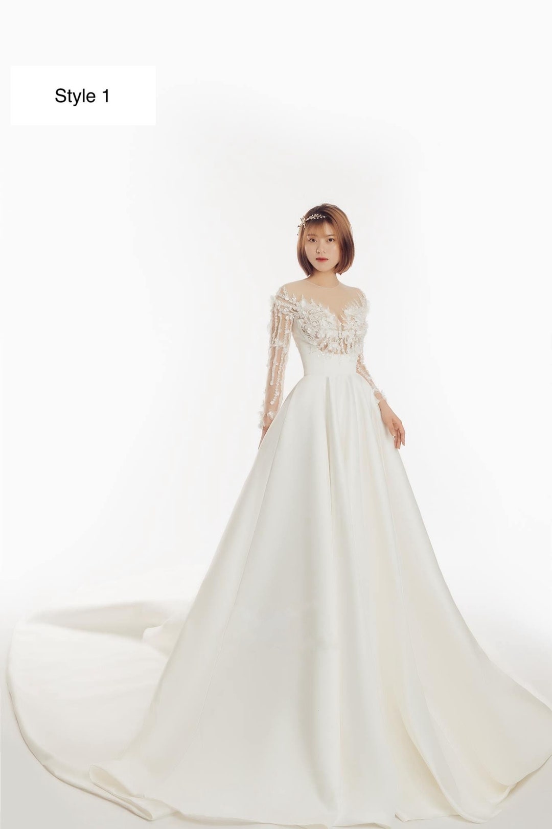 Elegant Long Sleeves White Satin Ball Gown Wedding Dress With Lace or ...