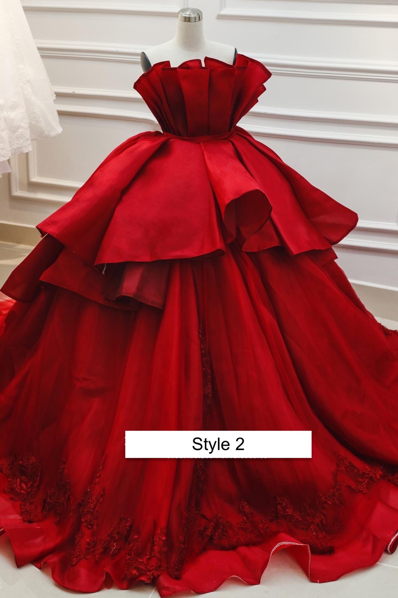 Princess red cap sleeves tiered skirt ball gown wedding/prom | Etsy