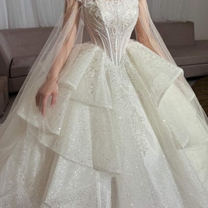 Delightful Watteau Train Sparkly White Ball Gown Wedding Dress - Etsy