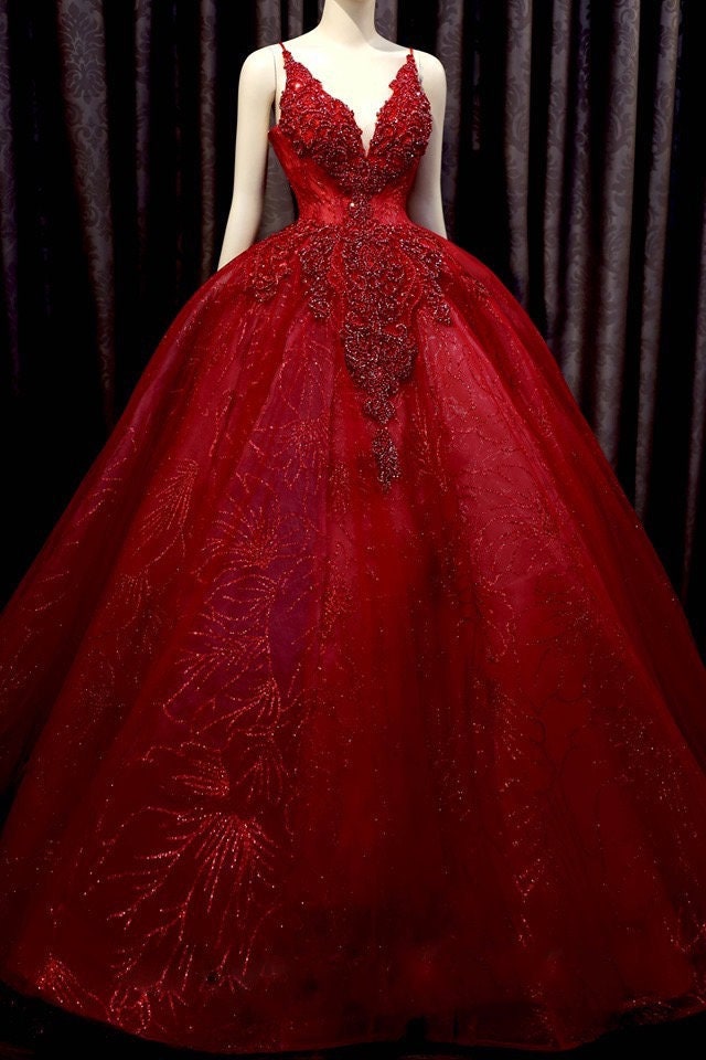 Deep Red Sparkle Beaded Thin Strap V Neck Ball Gown Wedding Etsy