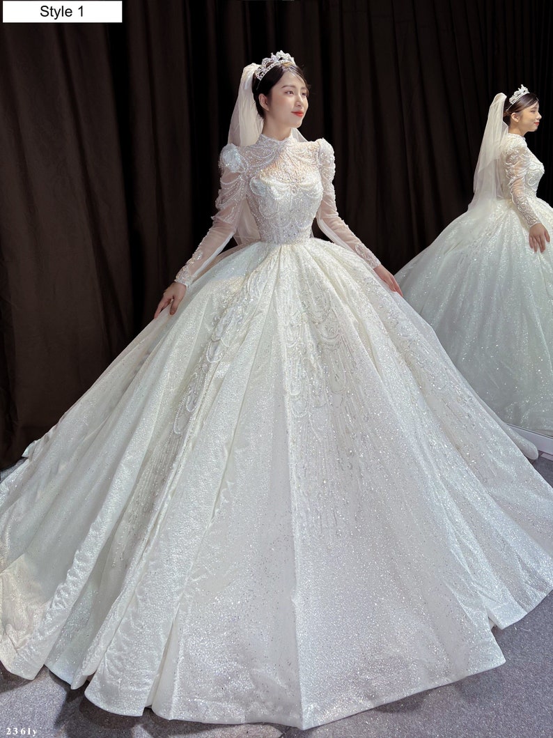 High Crew Neck Beautiful Sparkly Beaded Long Sleeve Lace White - Etsy